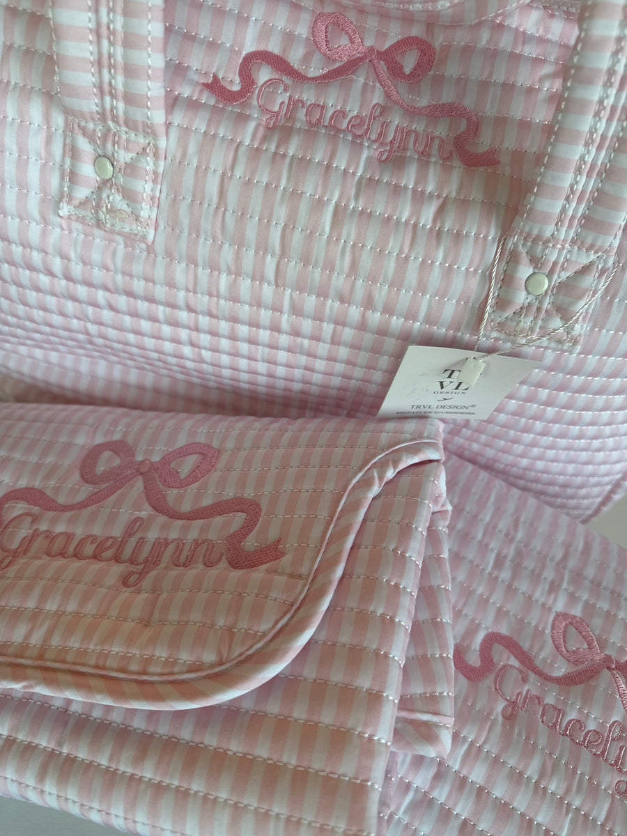 PINK PIMLICO STRIPE BUNDLE - QUILTED STROLLER BAG + CHANGING MAT + EVE ...
