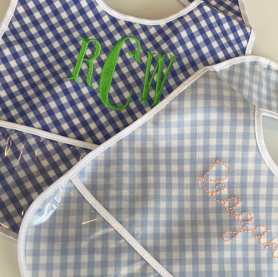 LAMINATED BIB - ROYAL BLUE CHECK – Southern Sorelle Embroidery Boutique